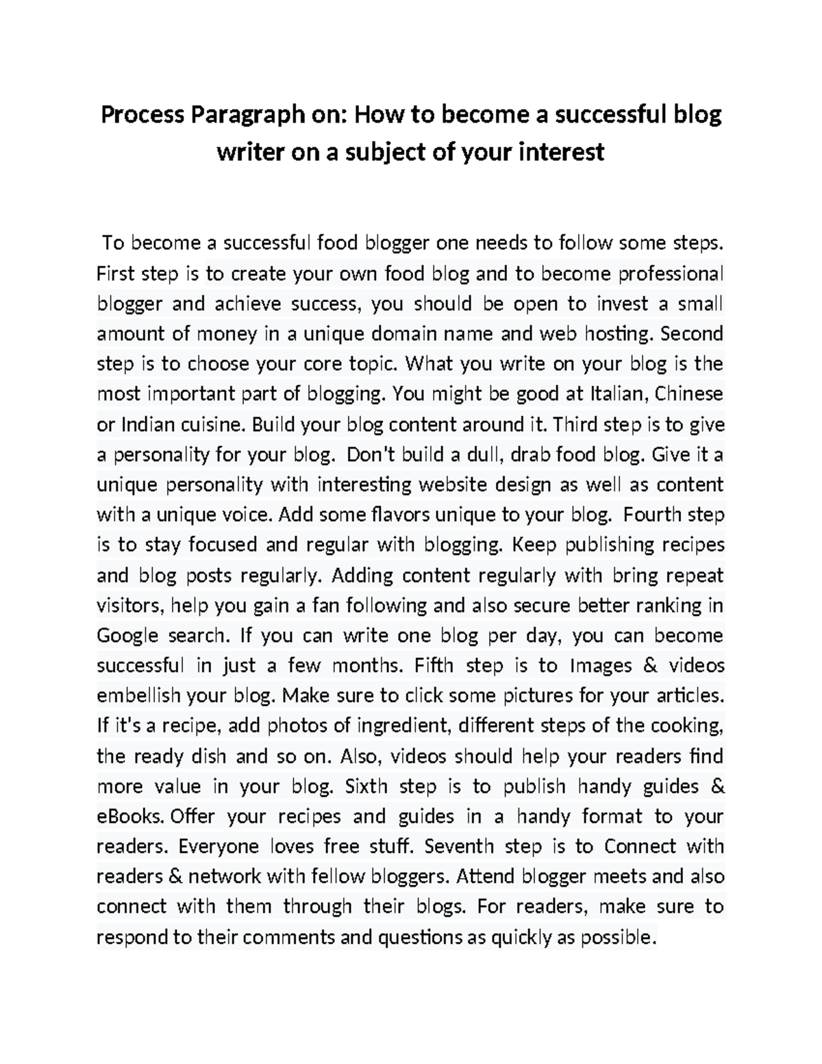 Food Blogger - summary - Process Paragraph on: How to become a ...