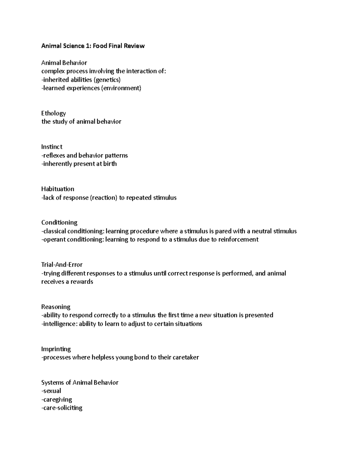 Animal Science 1, Final Review - AVS 112 - Cal Poly Pomona - StuDocu