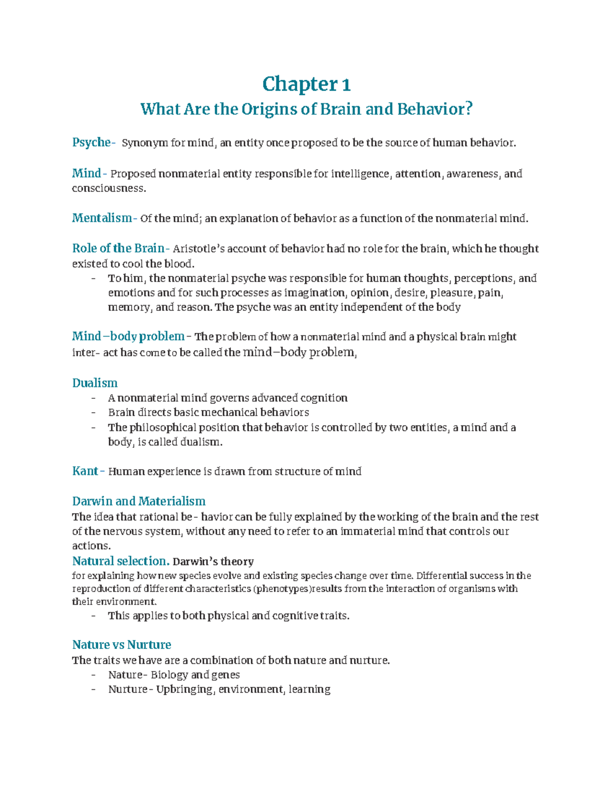 Psych 2360 - Chapter 1 What Are the Origins of Brain and Behavior ...