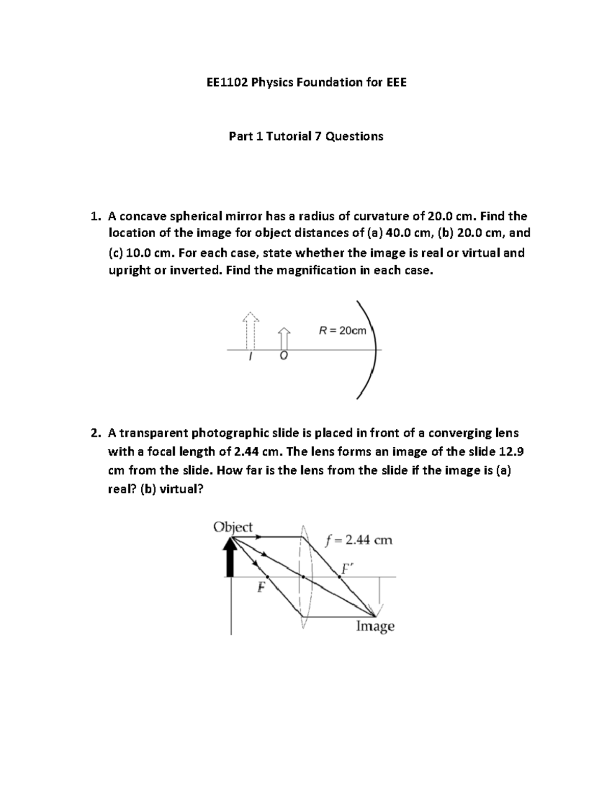 Tutorial 7 - EE1102 Physics Foundation for EEE Part 1 Tutorial 7 ...