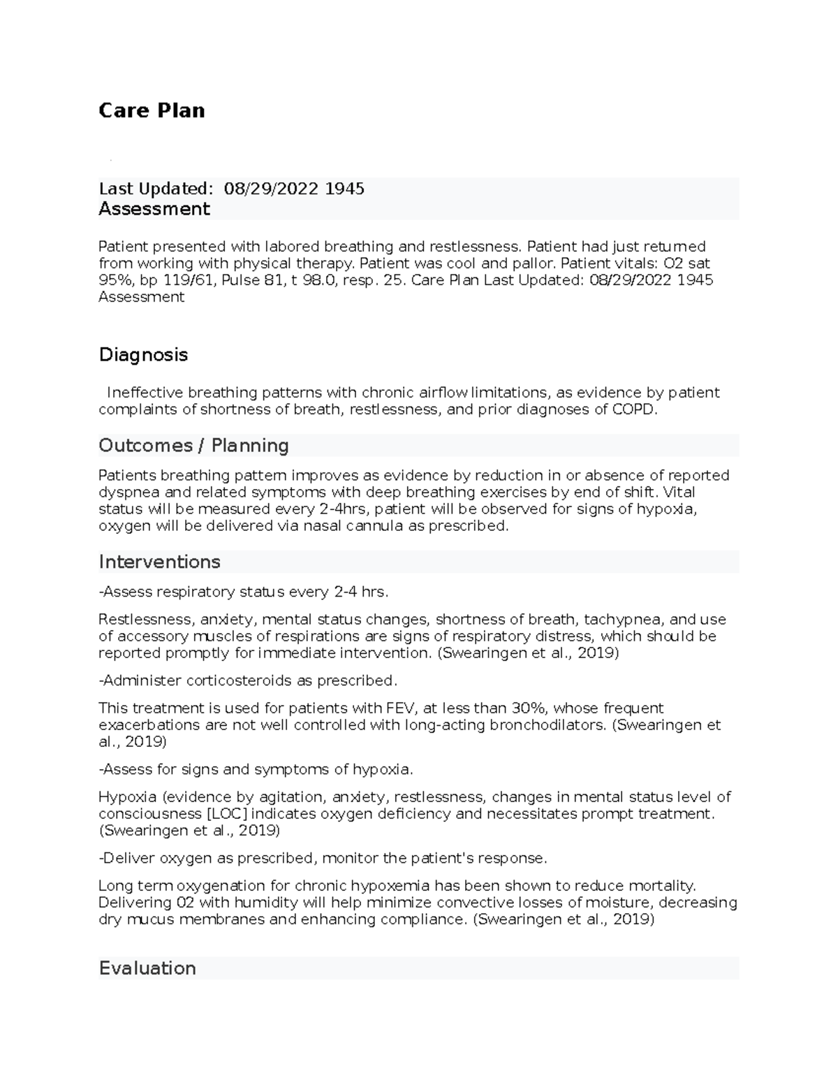 Care Plan - Care plan - Care Plan Last Updated: 08/29/2022 1945 ...