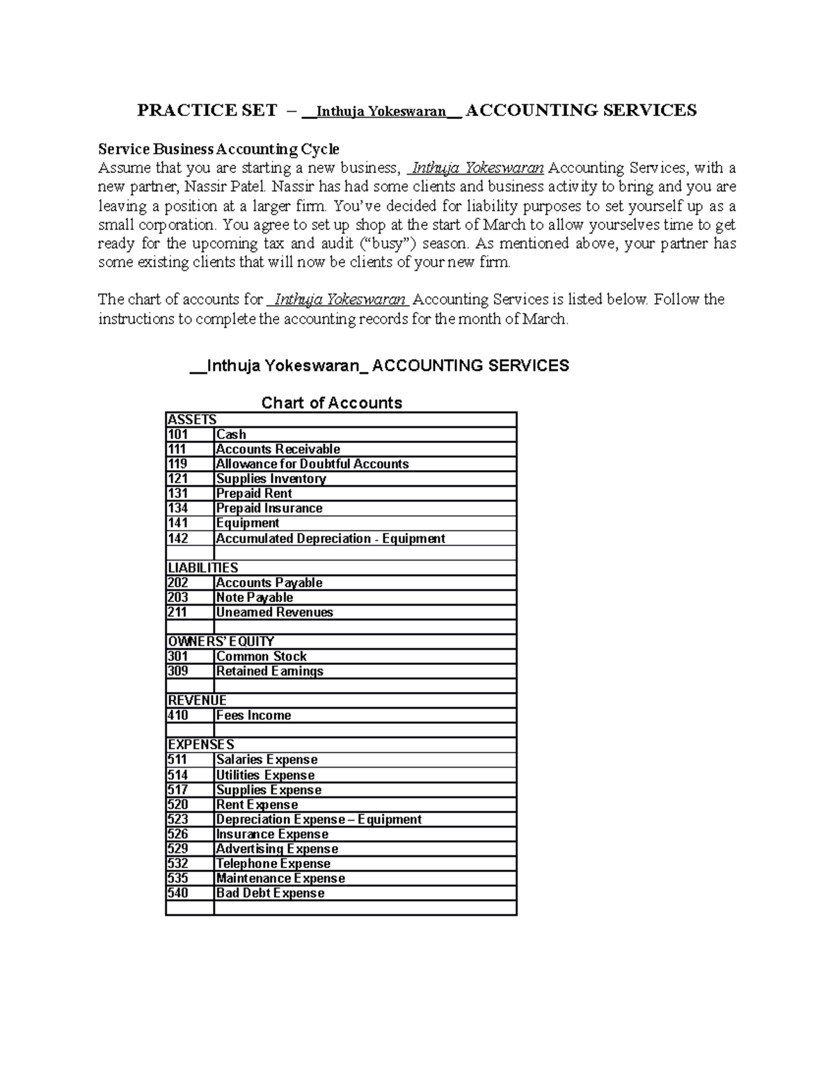 Comprehensive Assignment ACCT 1000 W2021 - PRACTICE SET – Inthuja ...
