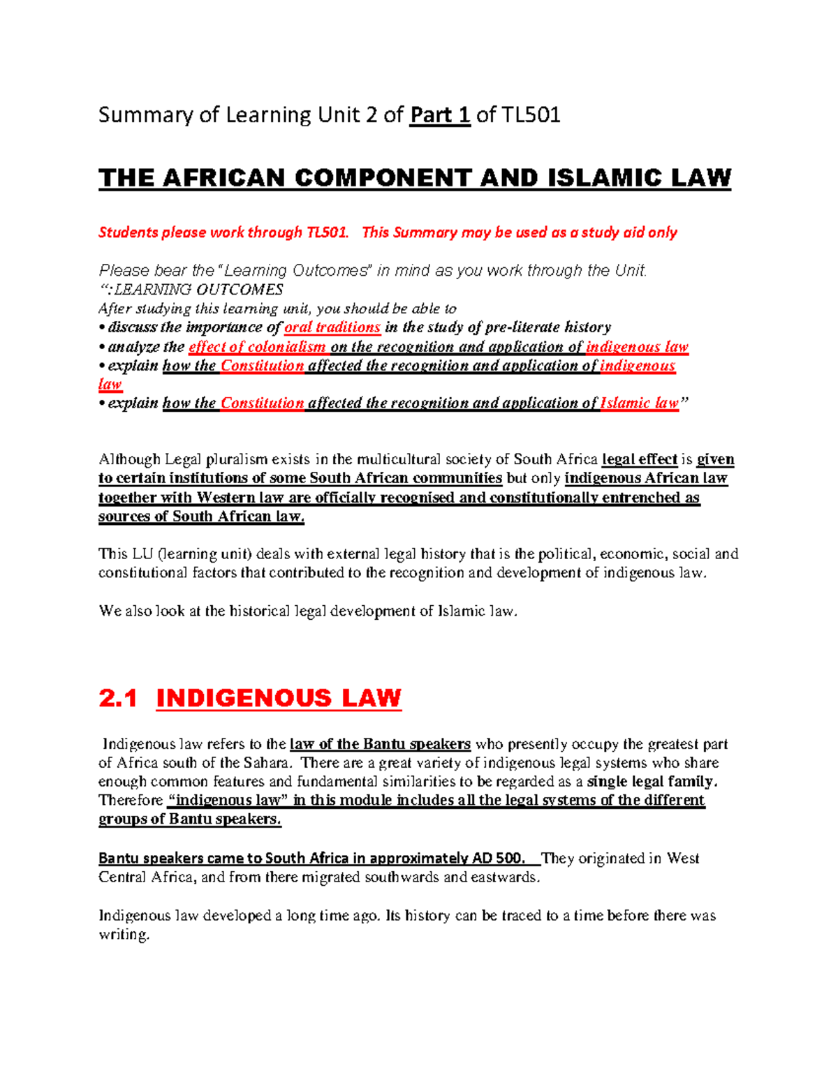 Summary of Learning Unit 2 of Part 1 of TL501 - Summary of Learning ...