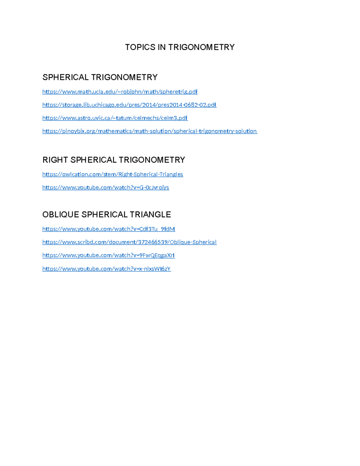 Trigonomtery Links - TOPICS IN TRIGONOMETRY SPHERICAL TRIGONOMETRY ...
