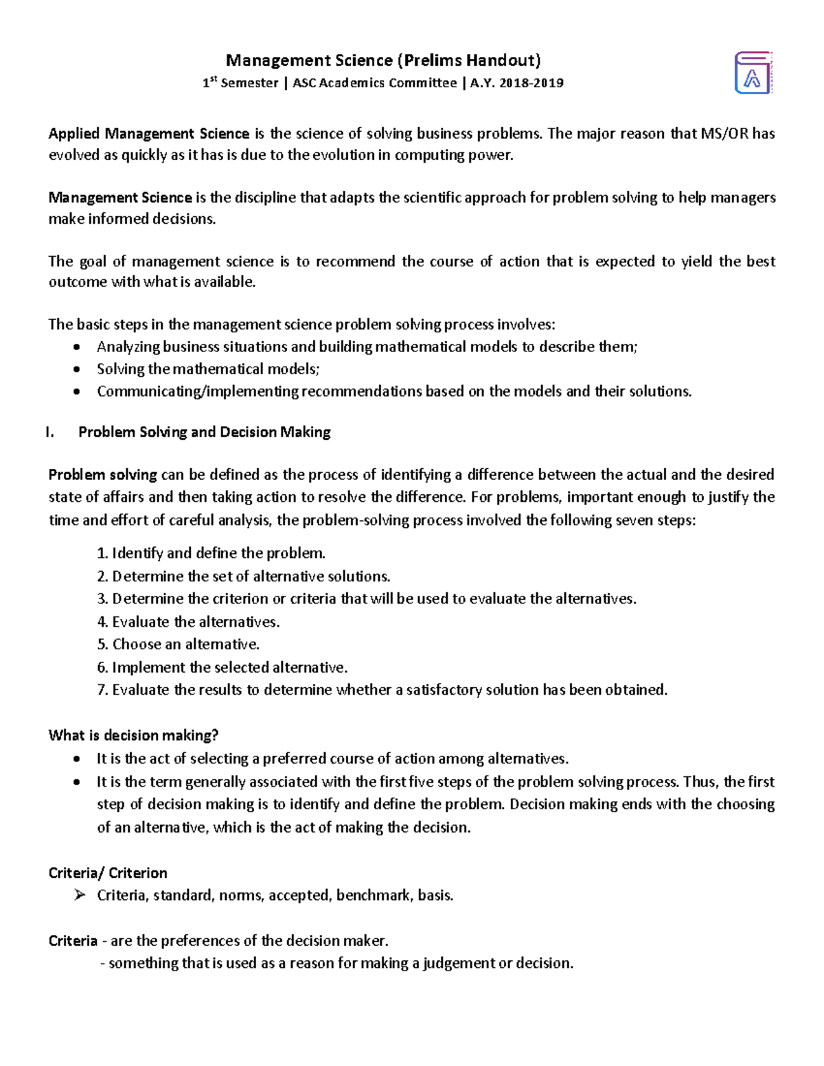 Management-Science Prelims - Management Science (Prelims Handout) 1 st ...
