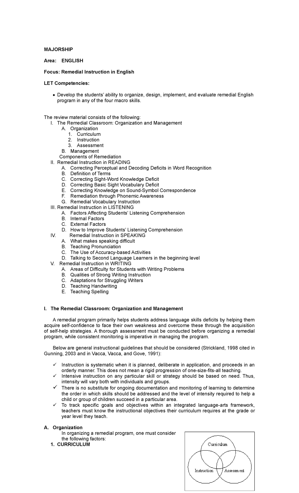 Remedial instruction - The review material consists of the following: I ...