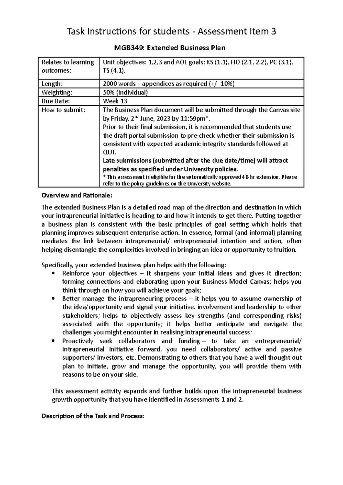 Assessment 3 (Extended Business Plan) - Task Instructions - Task ...