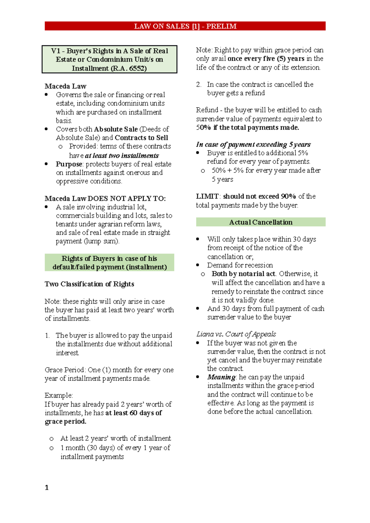LAW ON SALE SUMMARY - V1 - Buyer's Rights in A Sale of Real Estate or ...