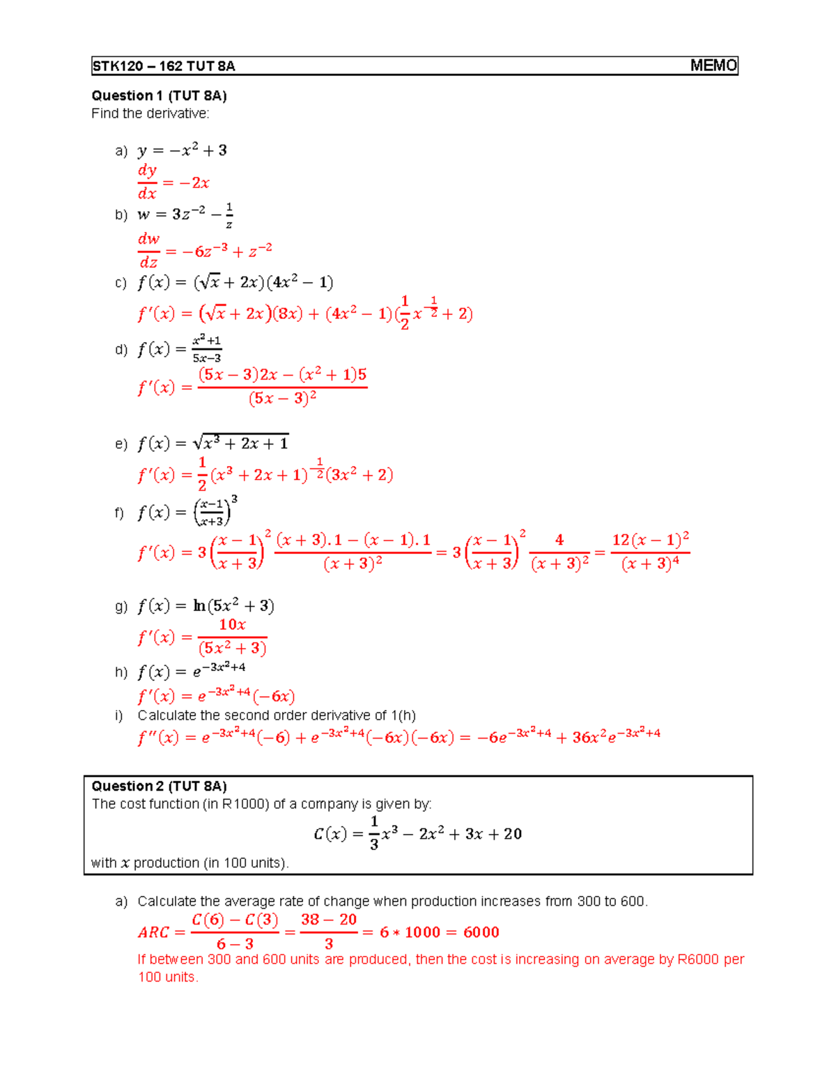STK120 162 - Tutorial 8A Preparation MEMO - 2023 - STK120 – 162 TUT 8A ...