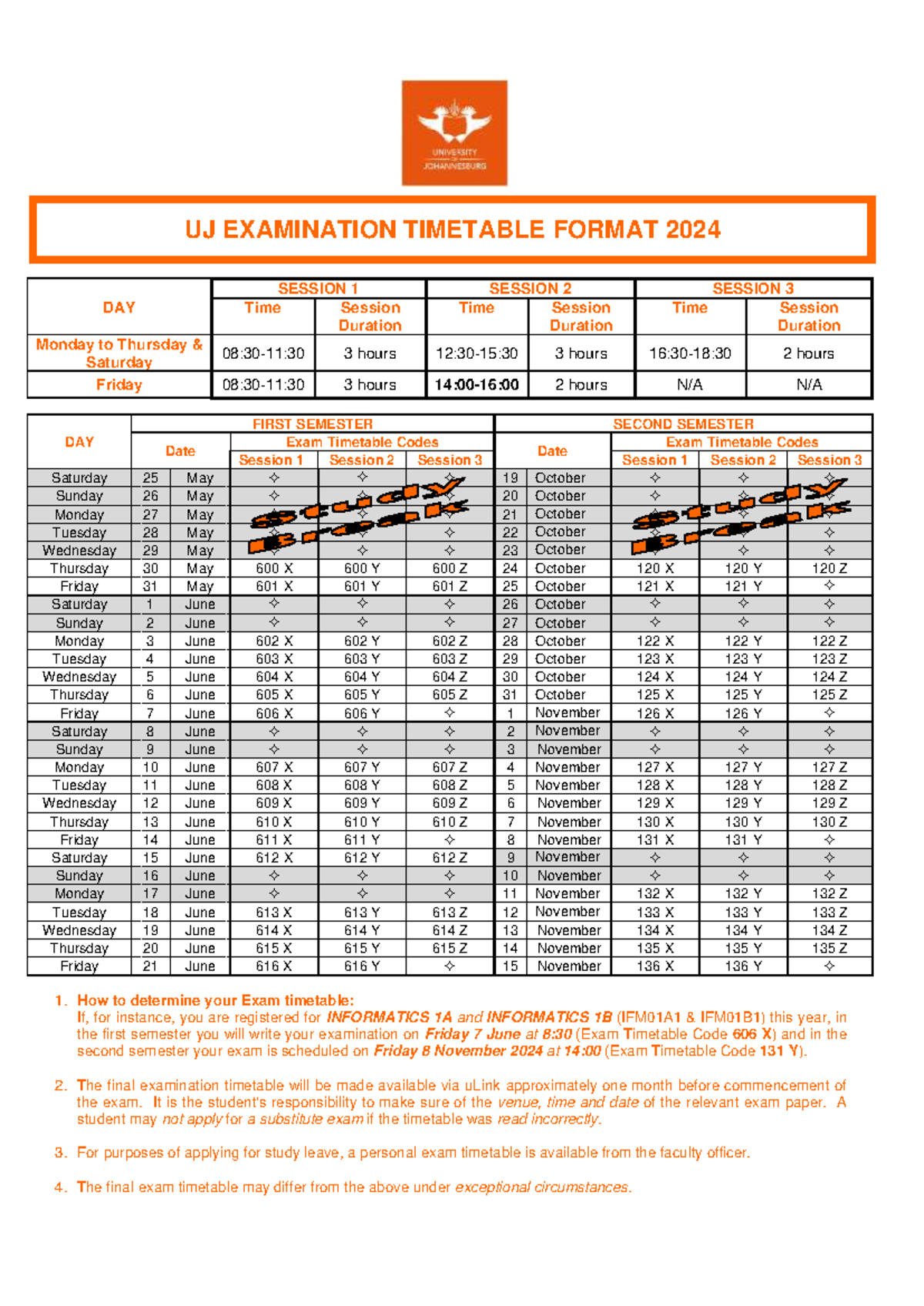 C uj exam timetable - UJ EXAMINATION TIMETABLE FORMAT 2024 DAY SESSION ...