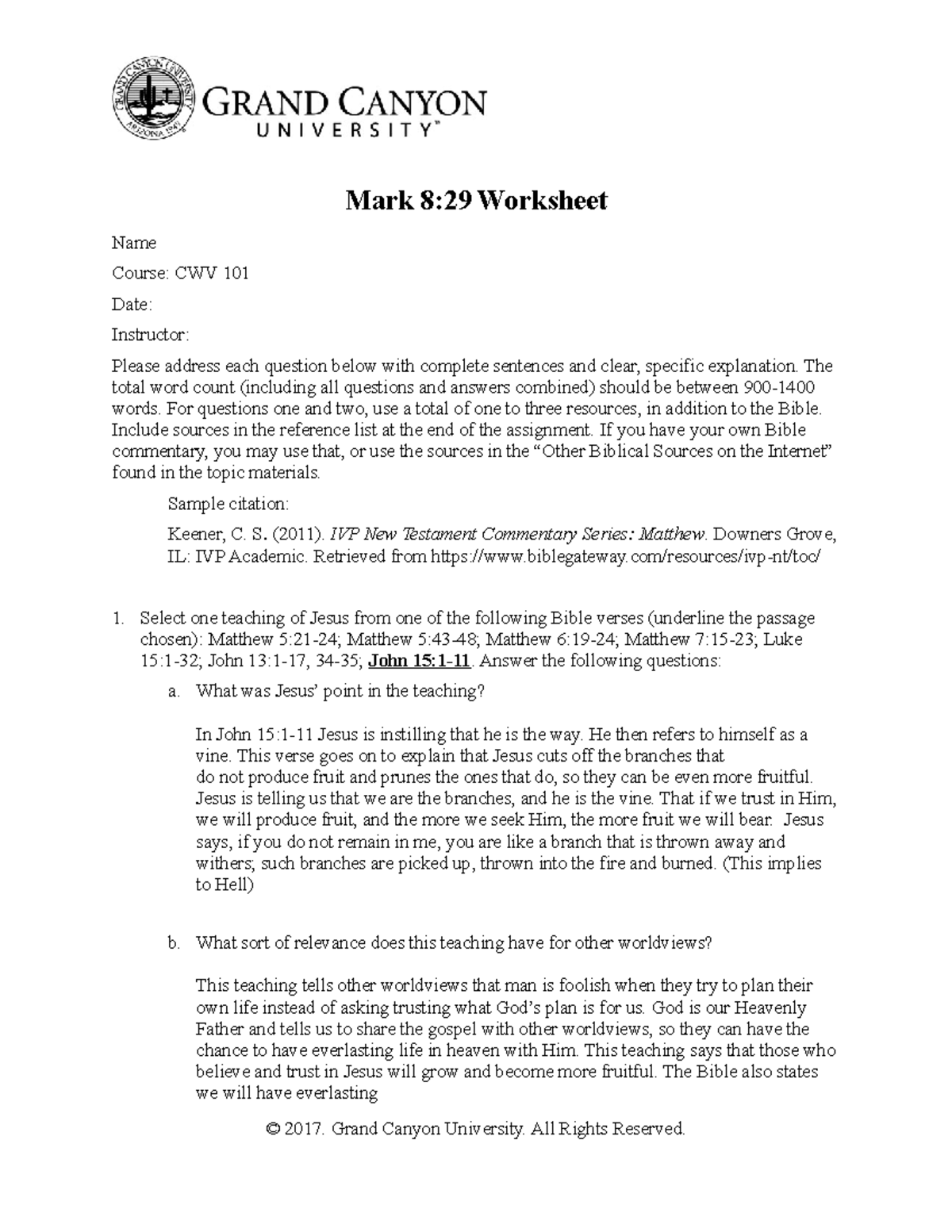 CWV-101-Mark8-29 Worksheet - Mark 8:29 Worksheet Name Course: CWV 101 ...