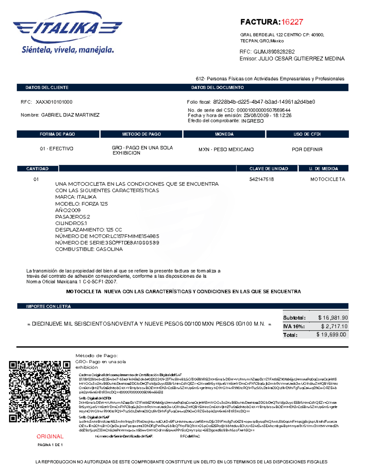 Factura FT125 Forza - 612- Personas Físicas con Actividades ...