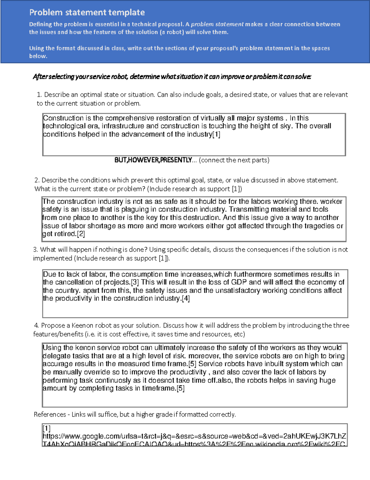 Prob Statement Template - After selecting your service robot, determine what situation it can ...