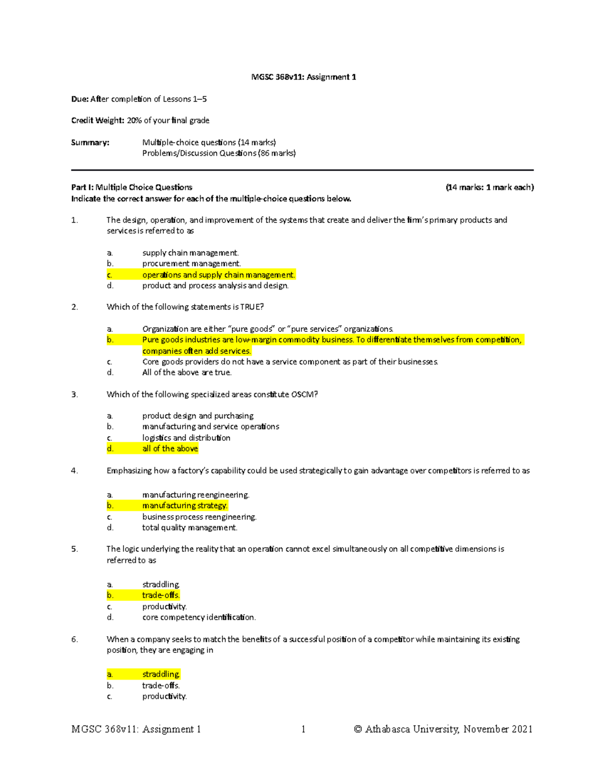 MGSC368v11 Assignment 1 - The design, operation, and improvement of the ...