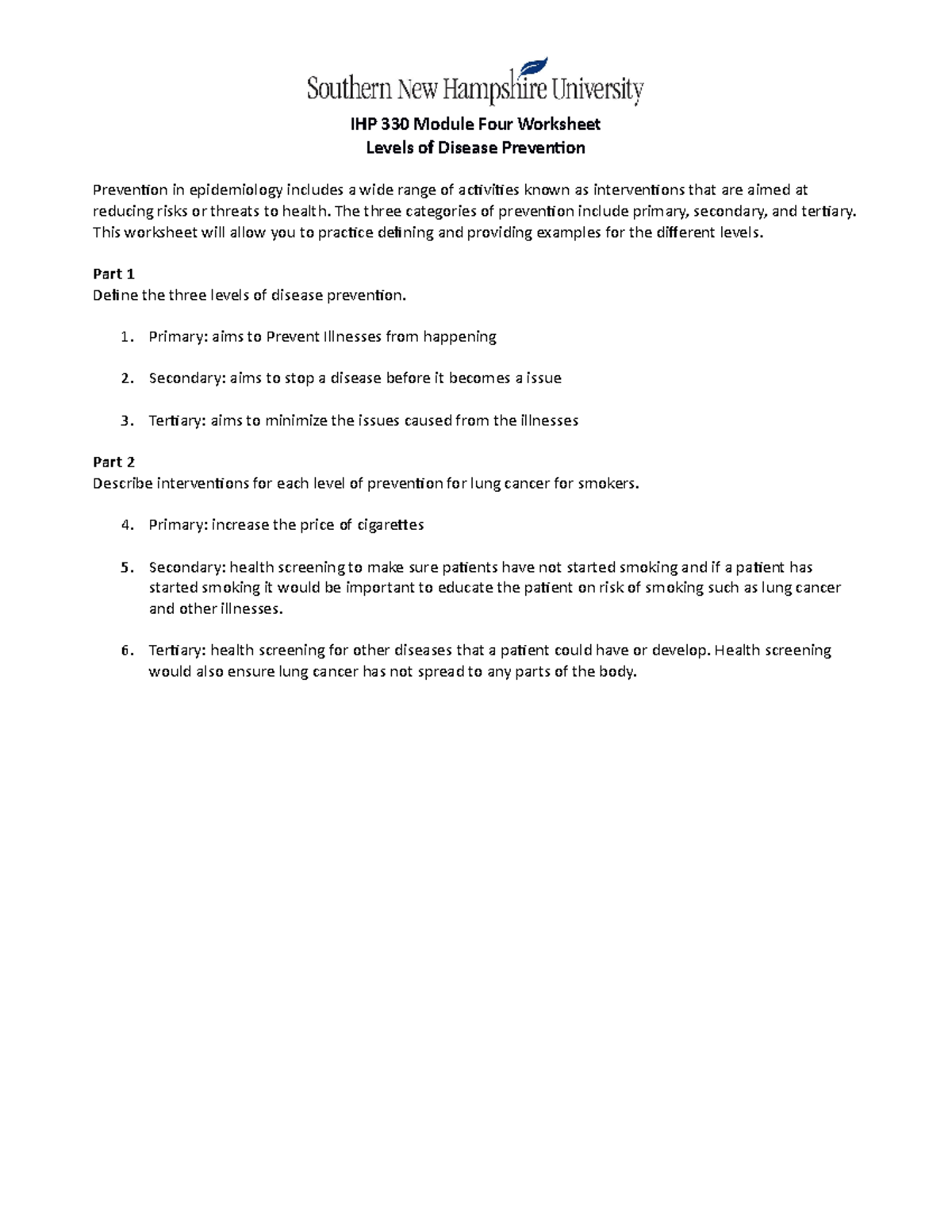 IHP 330 Module Four Worksheet - IHP 330 Module Four Worksheet Levels of ...