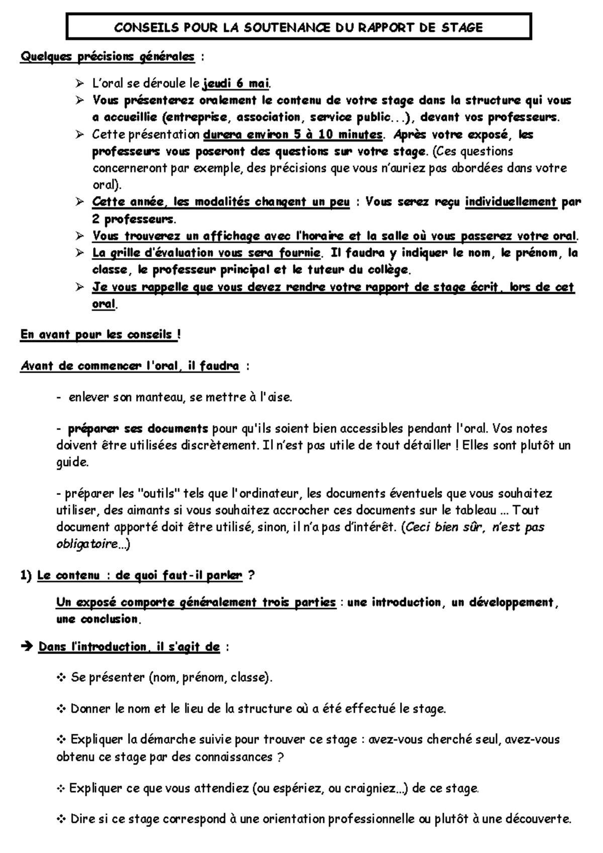 Conseils pour bien réussir votre oral de stage - Quelques précisions générales : L’oral se ...