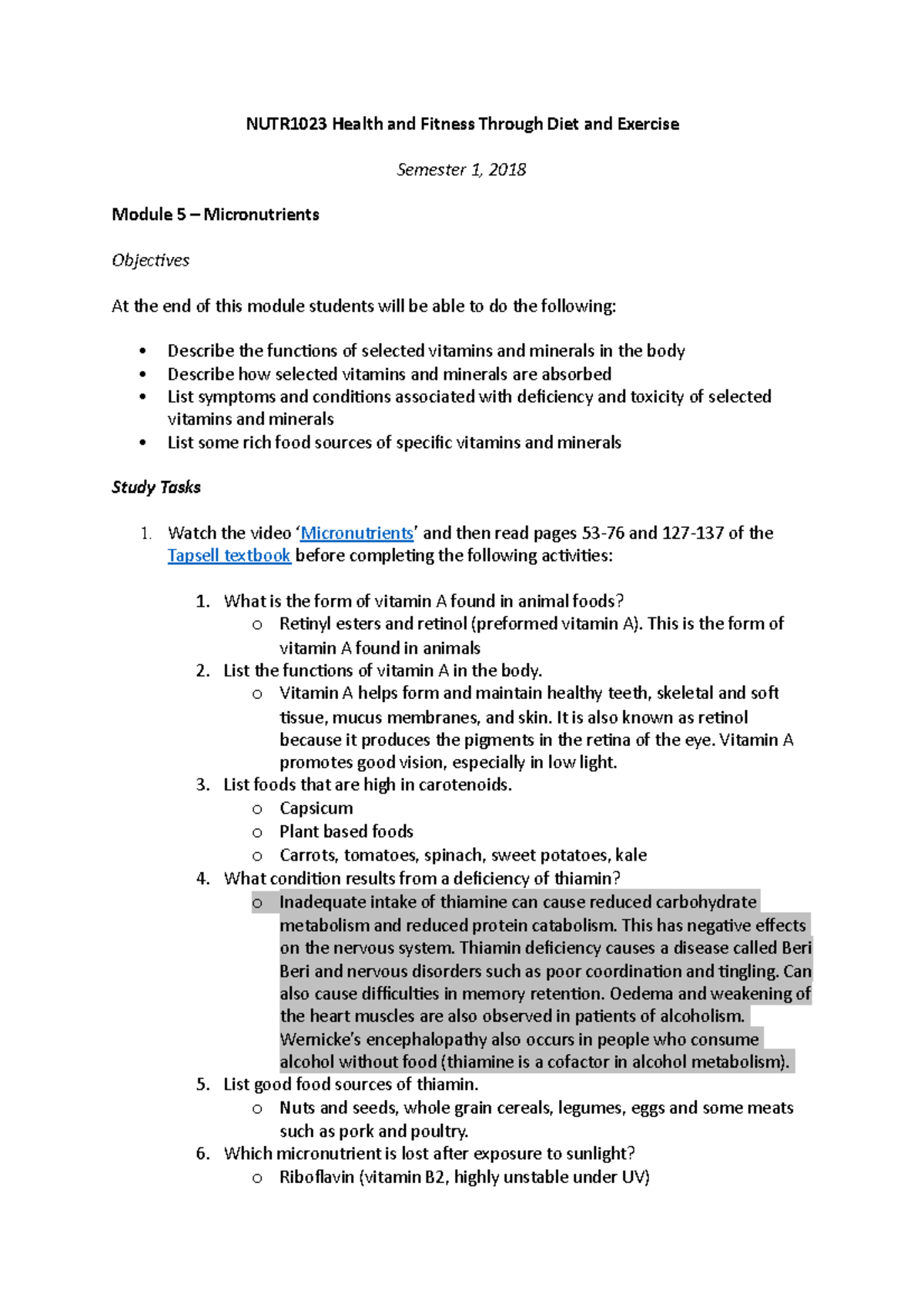 NUTR1023 - Module 5 - notes - NUTR1023 Health and Fitness Through Diet ...