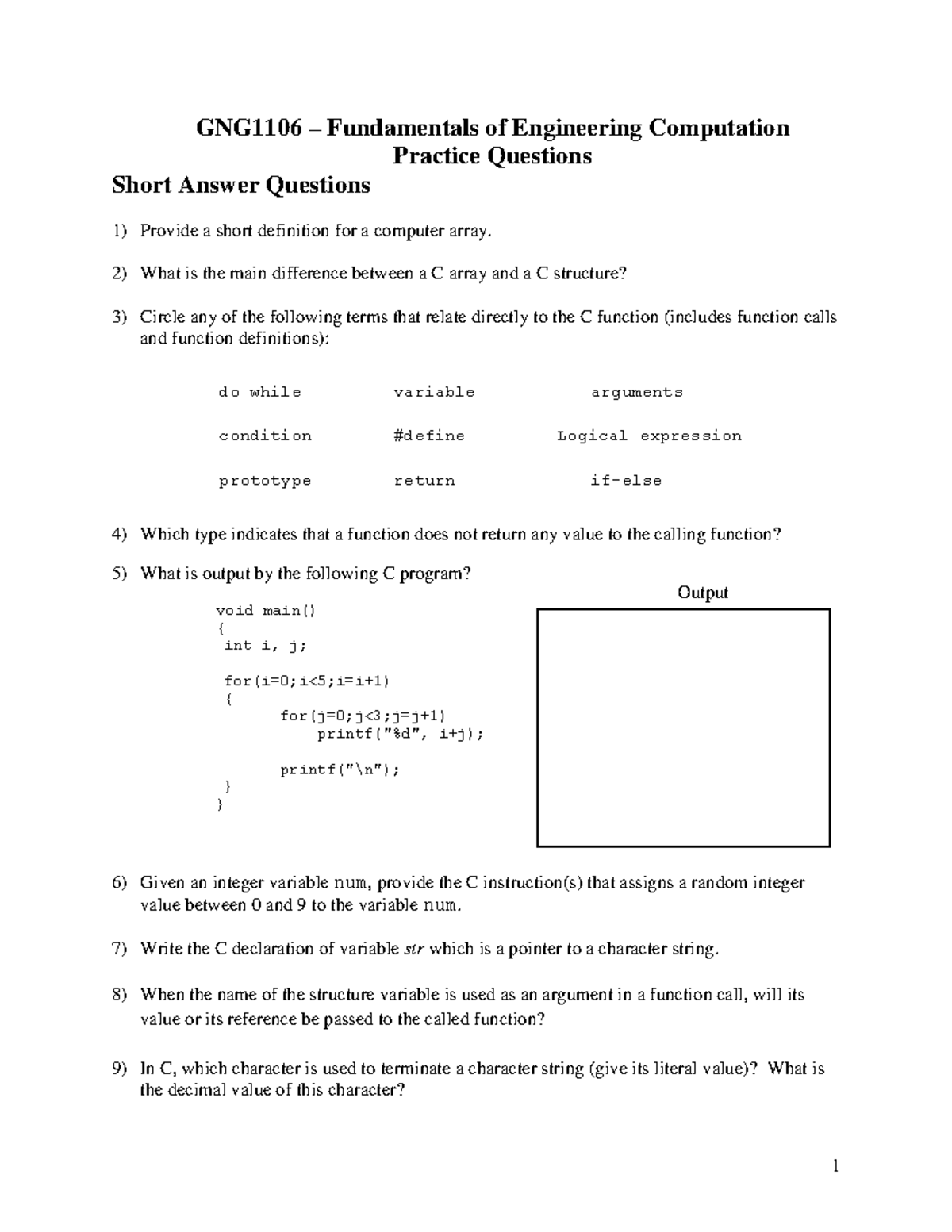GNG1106 Practice Questions - 1 GNG1106 – Fundamentals of Engineering Computation Practice ...