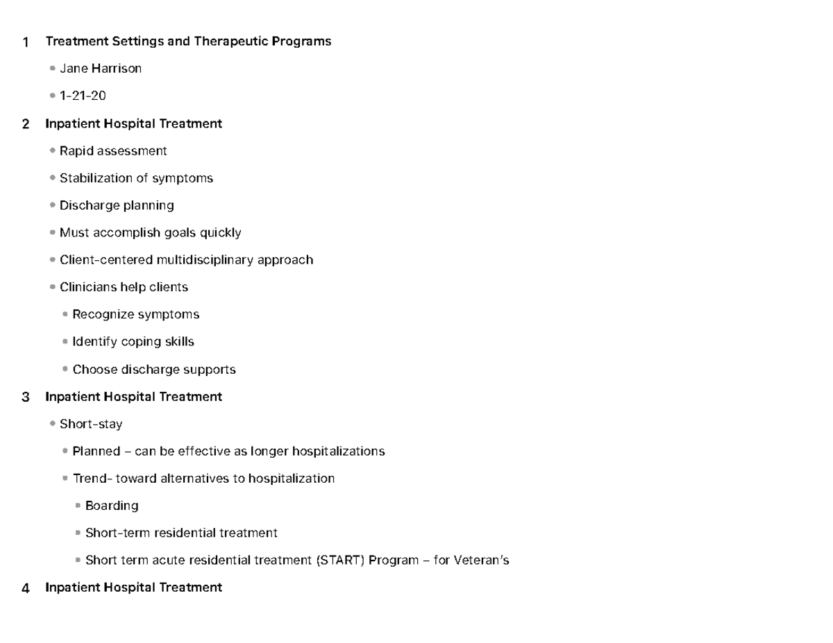 Treatment Settings and Therapeutic Programs Lecture Notes - 1 Treatment ...
