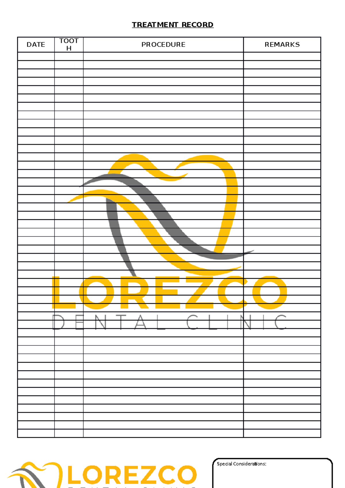 Dental- Chart for dental use only - TREATMENT RECORD DATE TOOTH ...