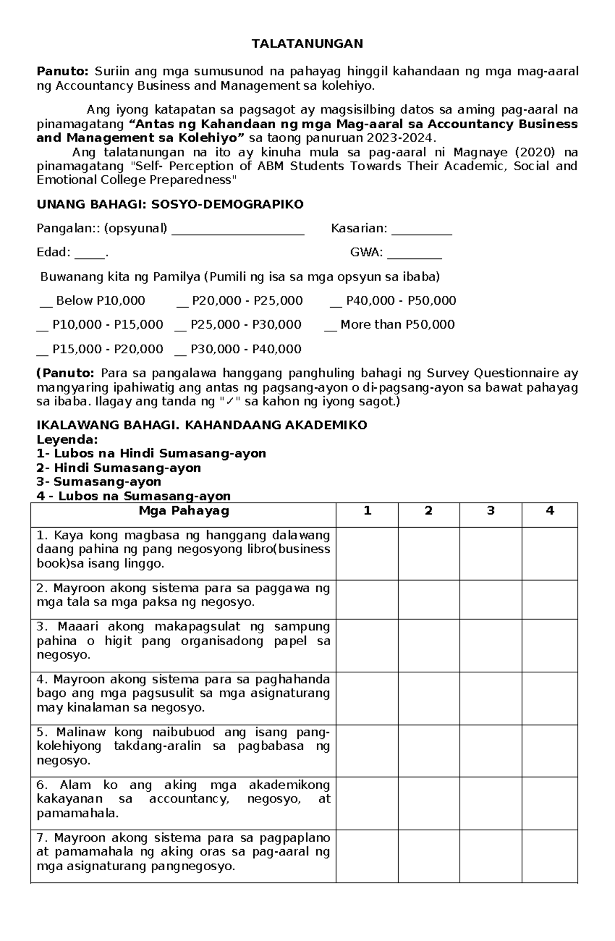 Survey-Questionnaire-Pangkat-2 - TALATANUNGAN Panuto: Suriin ang mga ...