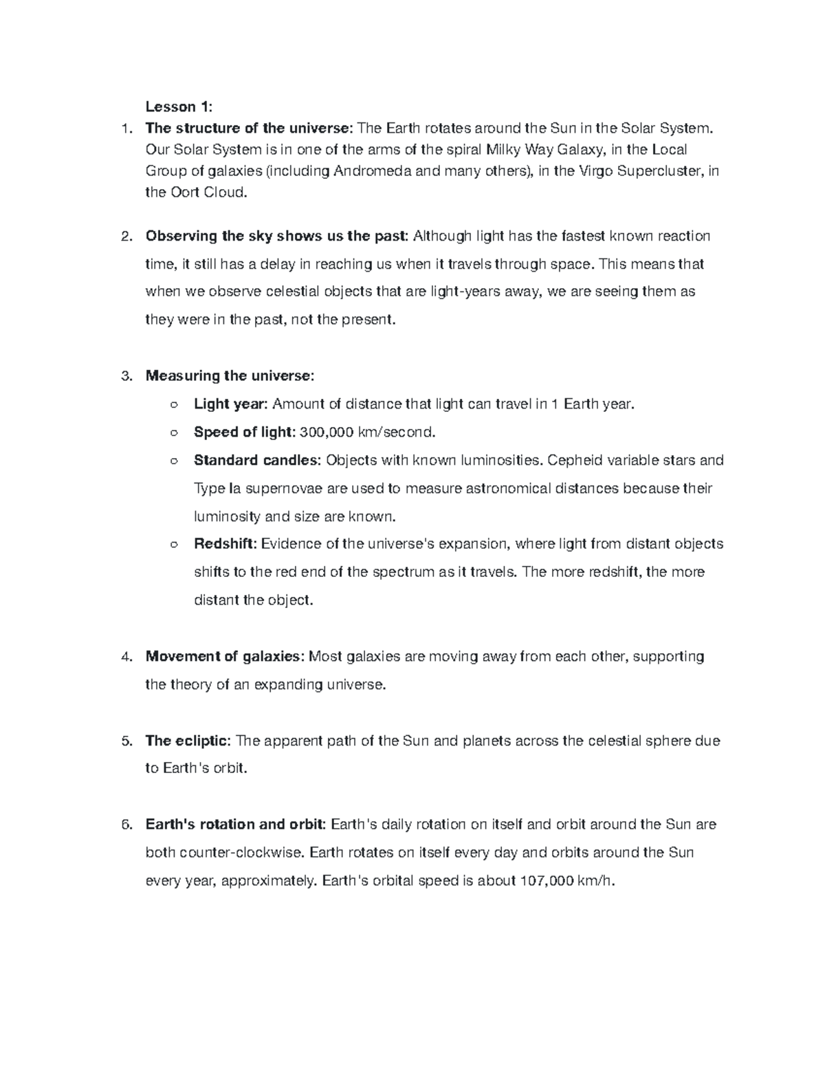 Astronomy quiz 1 notes - Lesson 1: The structure of the universe: The ...