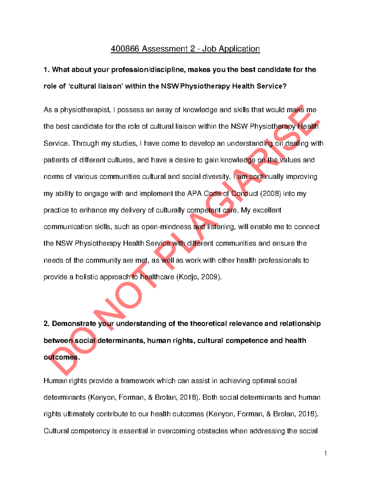 Job application example answers (cultural liason) - 400866 Assessment 2 ...