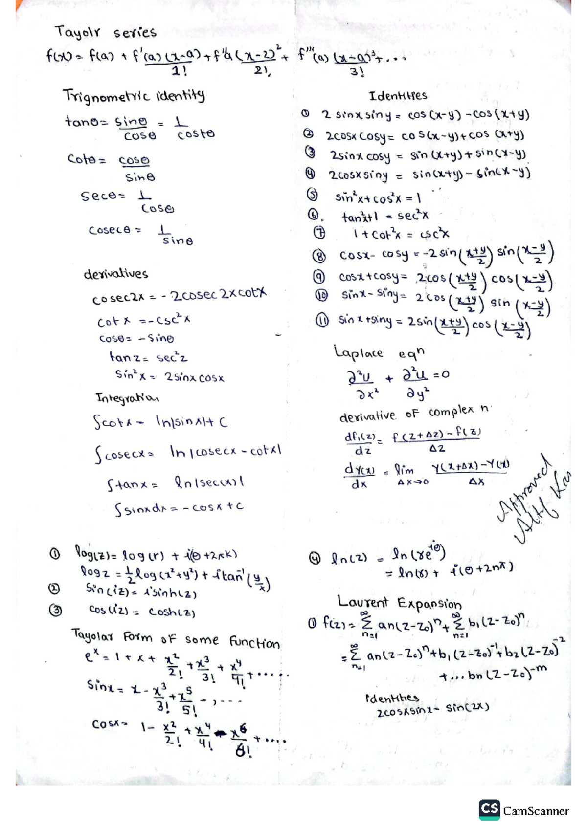 Approved formula sheet - Tayolr series FLN = f(a) + f"(a)(x-a) 1! 21, 3 ...