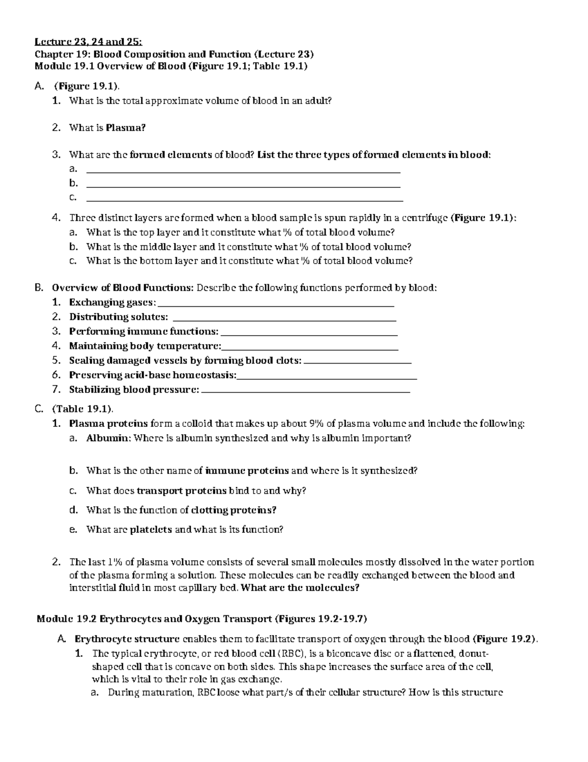 Quiz 5 Study Guide L23 to 28 - Lecture 23, 24 and 25: Chapter 19: Blood Composition and Function ...