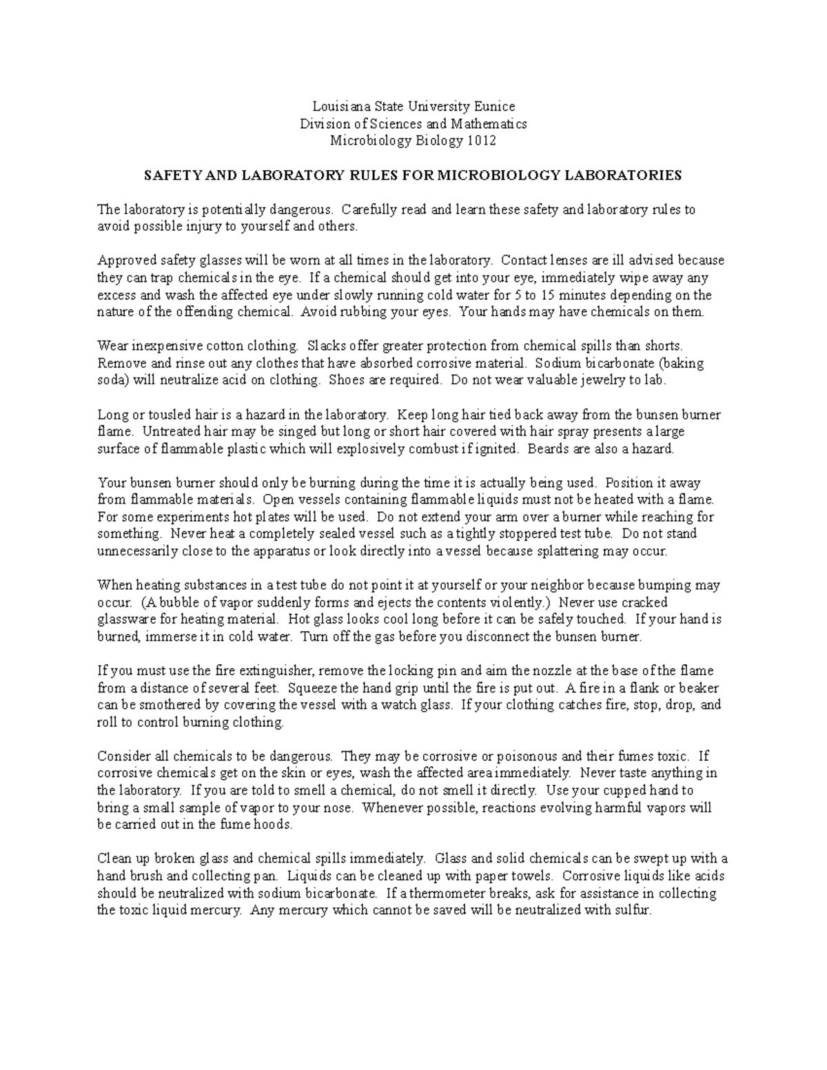 Microbiology 1012-safety and lab. rules - Louisiana State University ...