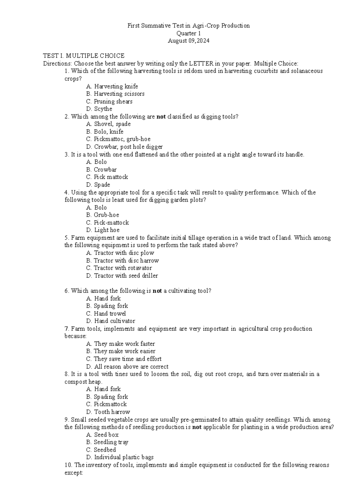 First Summative Test in Agri - MULTIPLE CHOICE Directions: Choose the ...