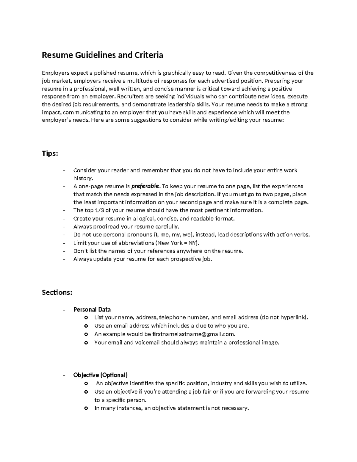 Resume Guidelinesand Criteria - Resume Guidelines and Criteria ...