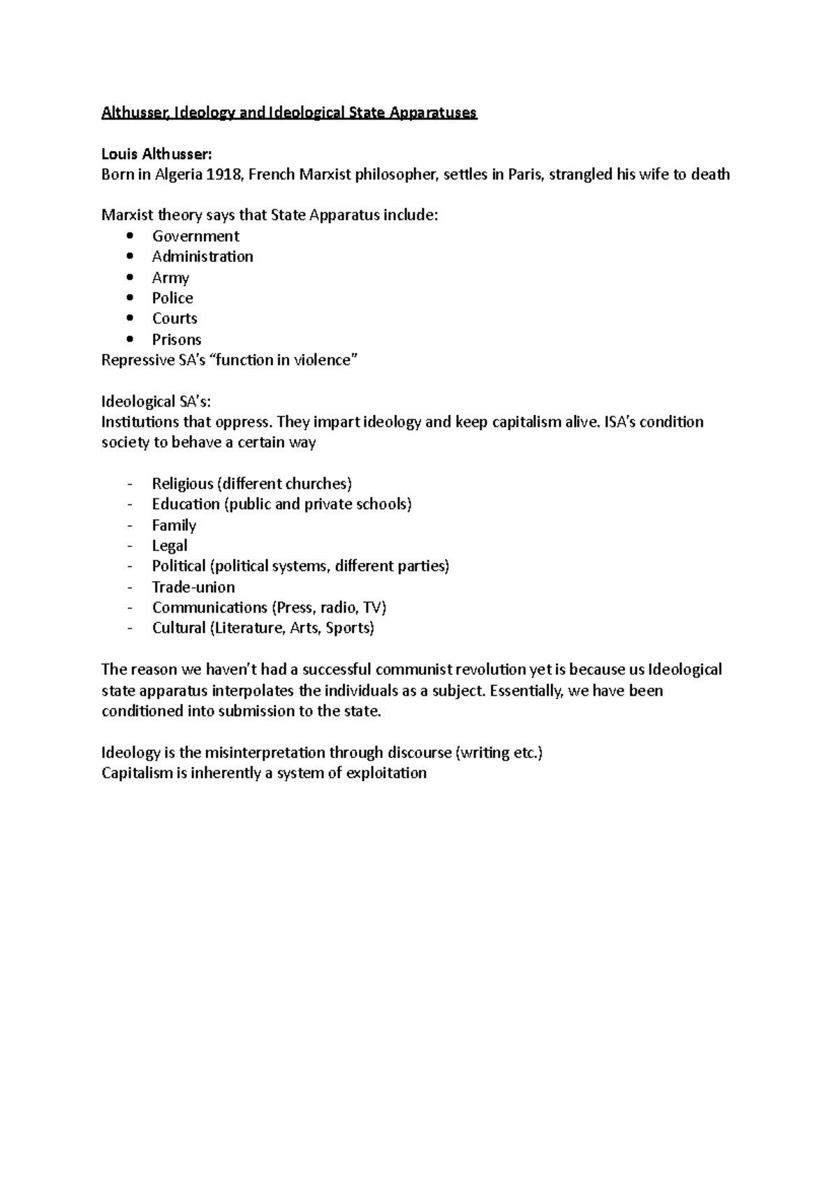 Althusser Reading Notes - Althusser, Ideology and Ideological State ...