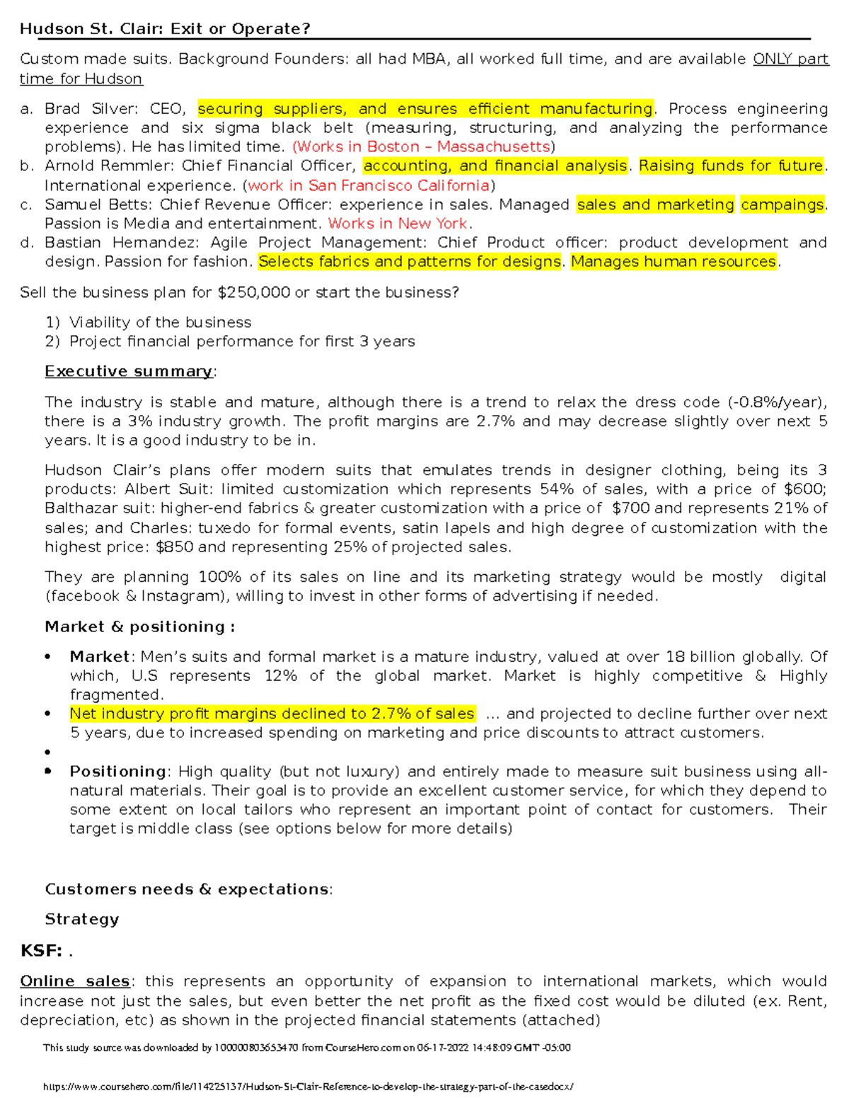Hudson St Clair Reference to develop the strategy part of the case - Hudson St. Clair: Exit or ...