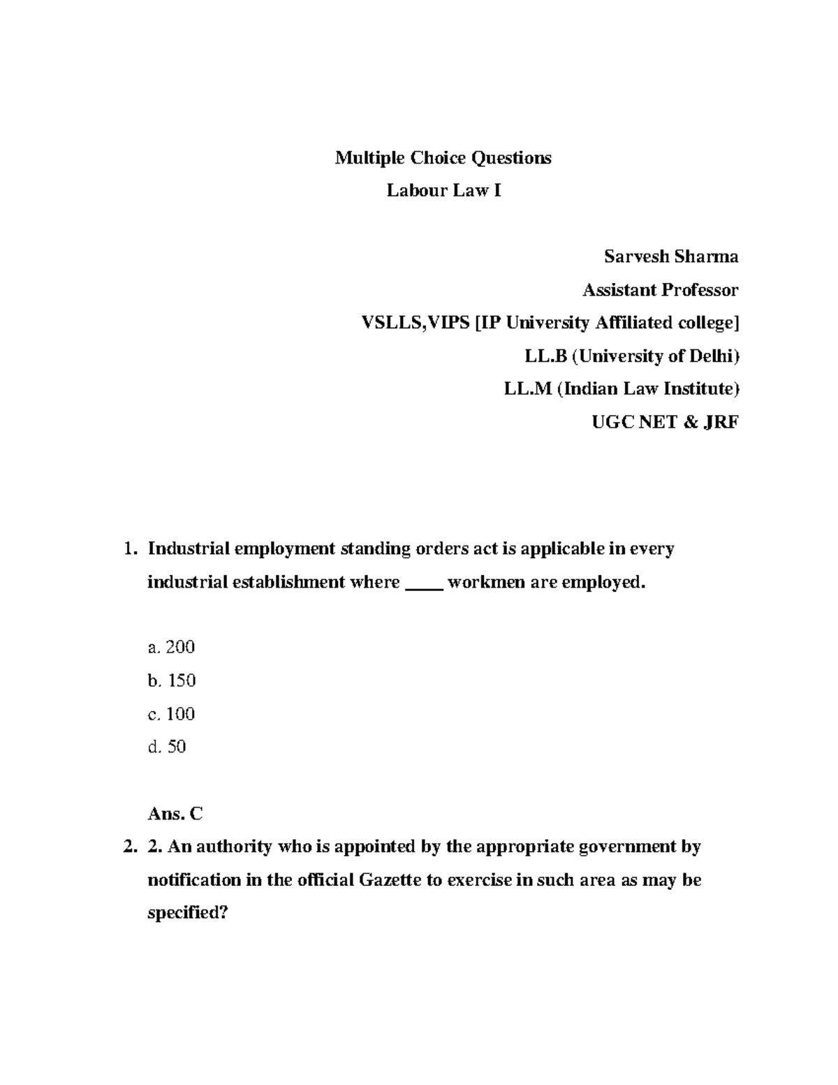 L Abour l AW Multiple choice questions - Multiple Choice Questions ...