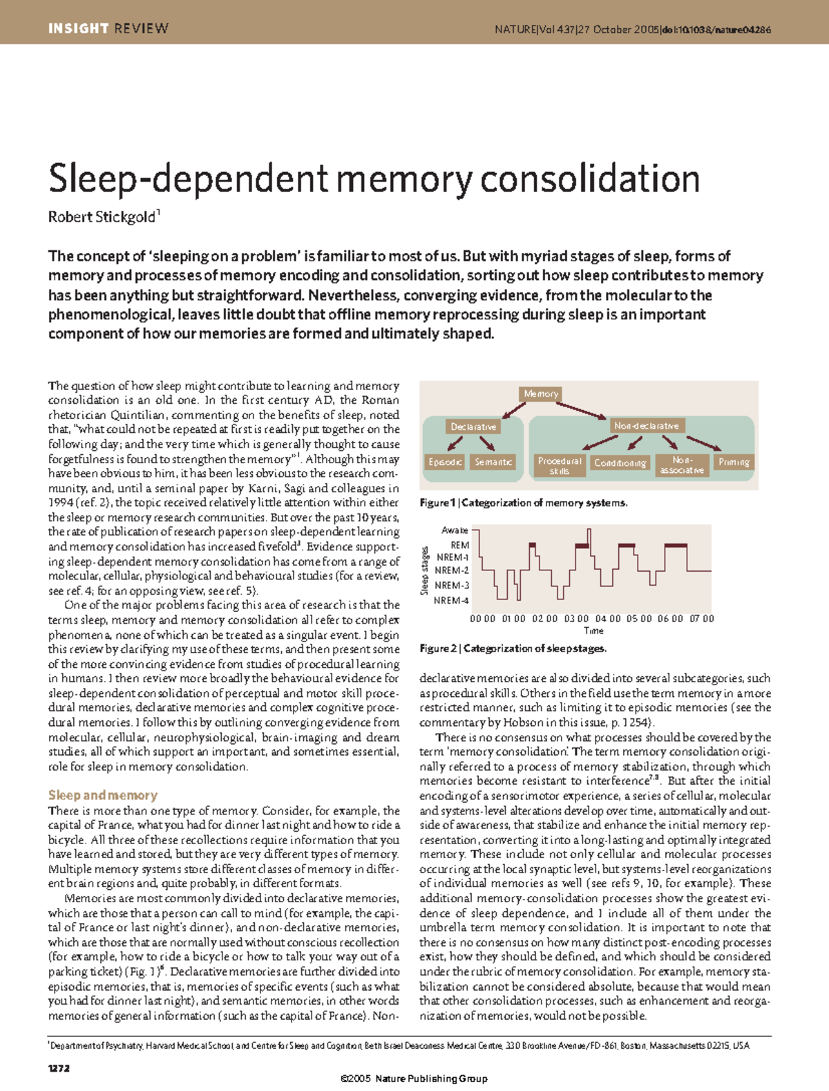Sleep-dependent memory consolidation - INSIGHTREVIEW NATURE|Vol 437|27 ...