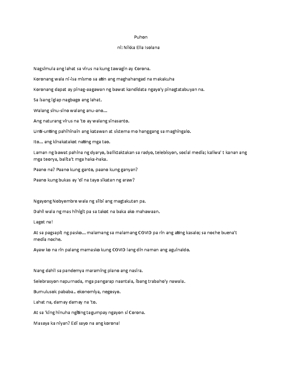 Puhon ni Nikka Ella Isolana. Tula, Panitikan - Puhon ni: Nikka Ella ...