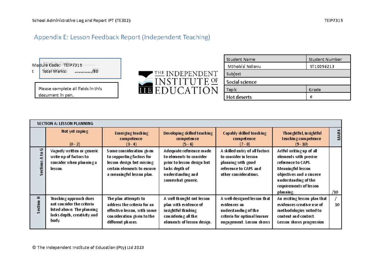 Lesson plan feedback report - Appendix E: Lesson Feedback Report ...