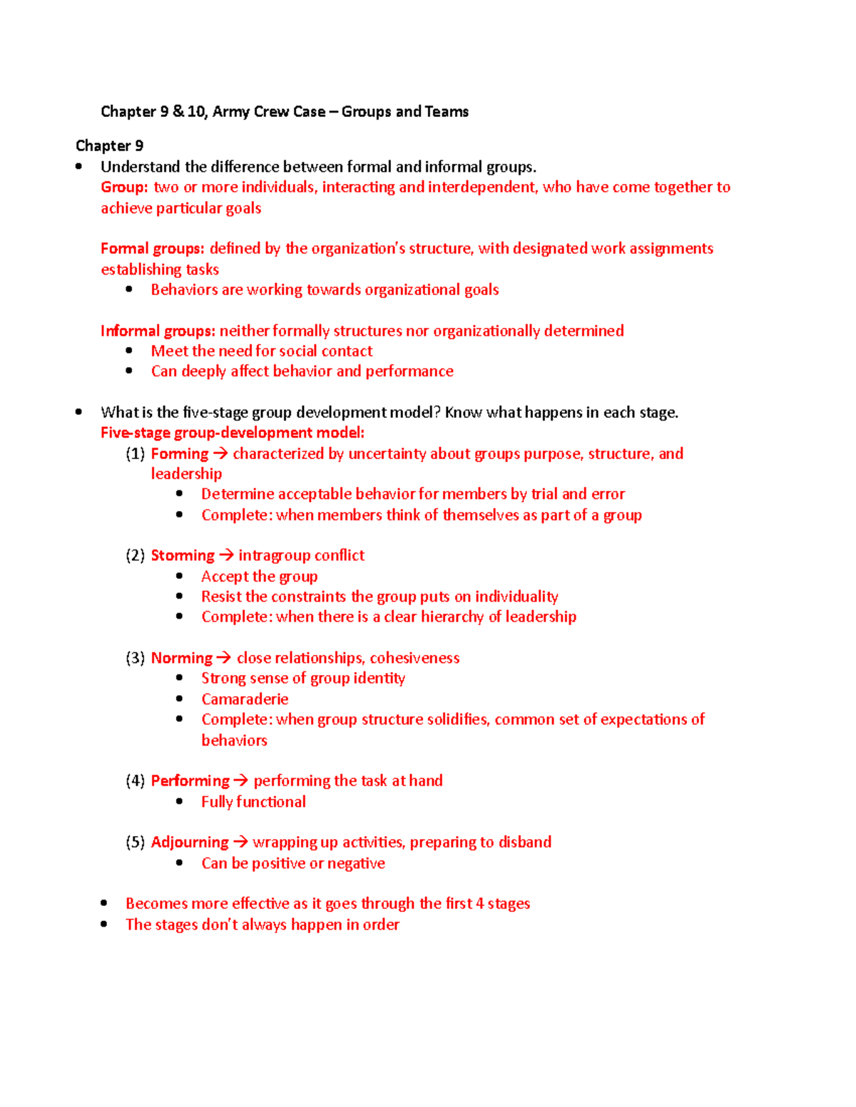 Chapter 9 & 10 - Groups and Teams - Chapter 9 & 10, Army Crew Case ...