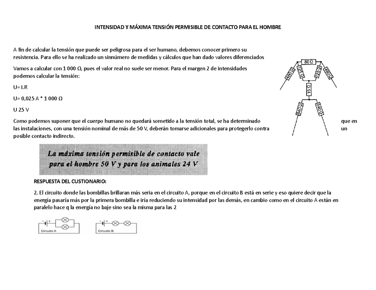 Intensidad Y Máxima Tensión Permisible DE Contacto PARA EL Hombre ...