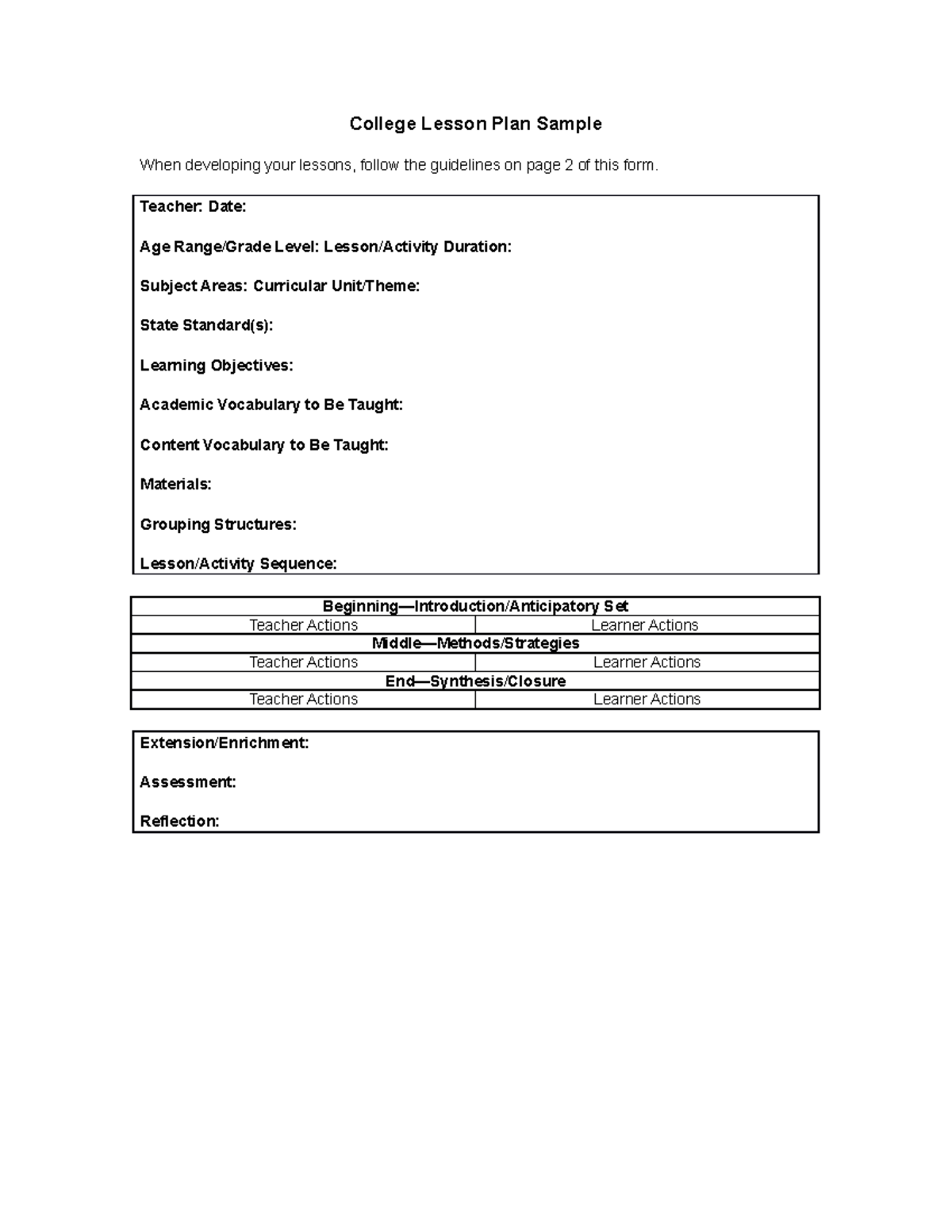 College Lesson Plan Template - College Lesson Plan Sample When ...