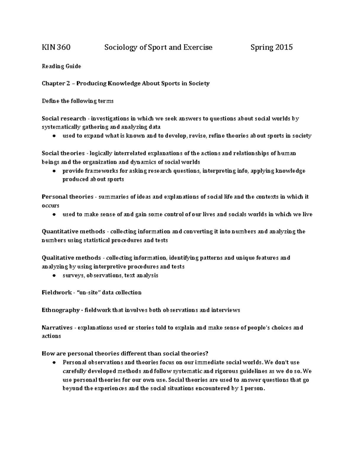 KIN 360 - Ch.2 Reading Guide - KIN 360 Sociology of Sport and Exercise ...