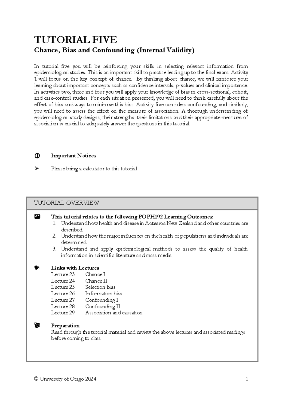 Tutorial 5 - TUTORIAL FIVE Chance, Bias and Confounding (Internal Validity) In tutorial five you ...