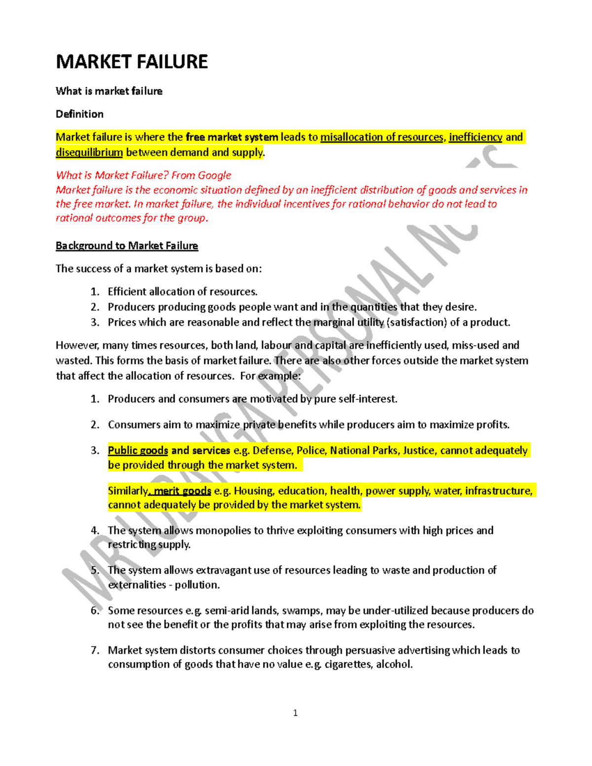 Market Failure with added notes - MARKET FAILURE What is market failure ...