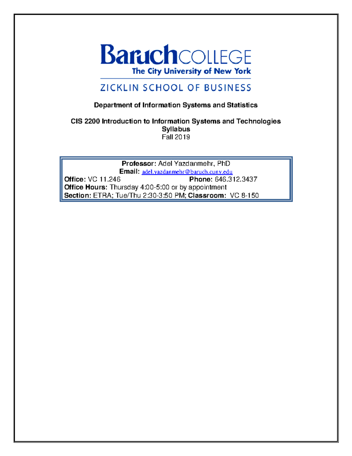 2200 19FA Syllabus - R1 - Warning: TT: undefined function: 32 Department of Information Systems ...