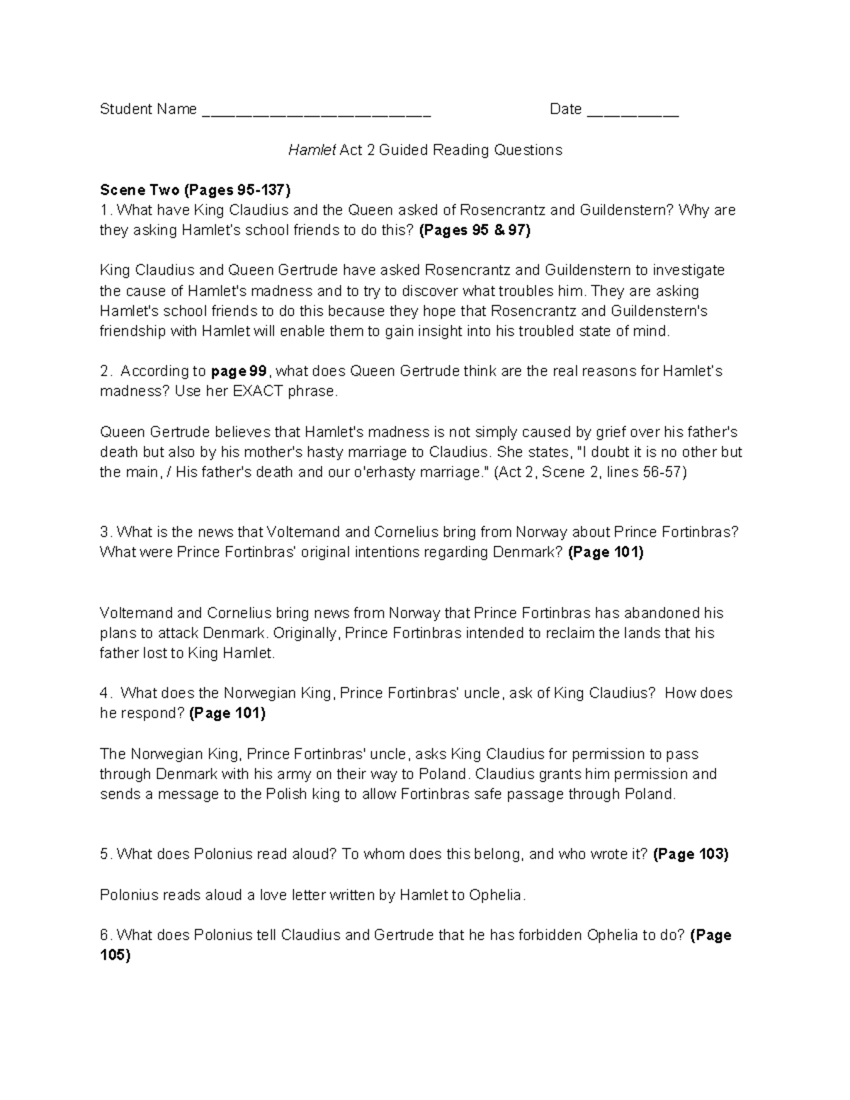 Hamlet ACT II Scene 2 Questions - Student Name ...