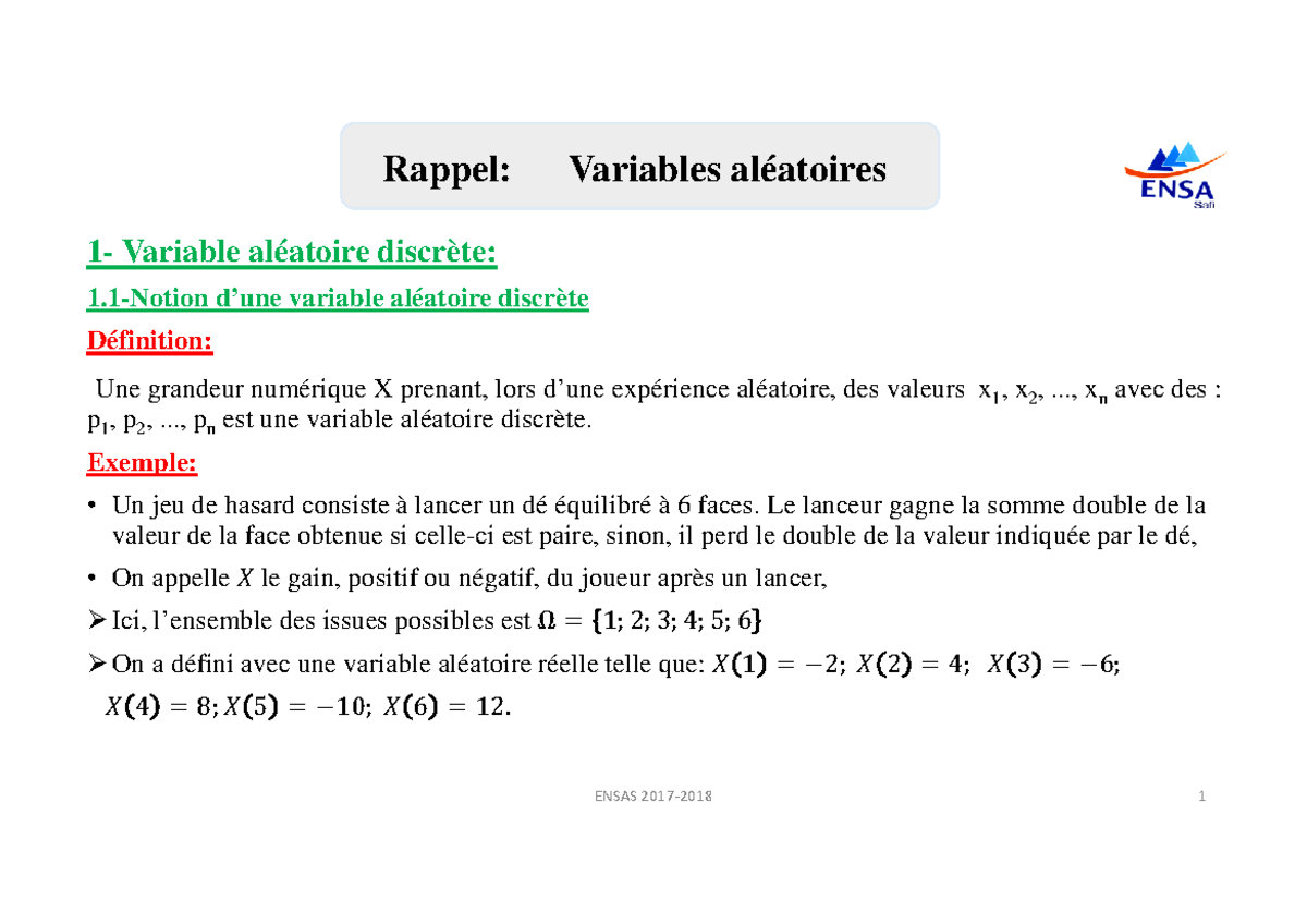 Rappel variable aléatoire - 1- Variable aléatoire discrète: 1-Notion d’une variable aléatoire ...