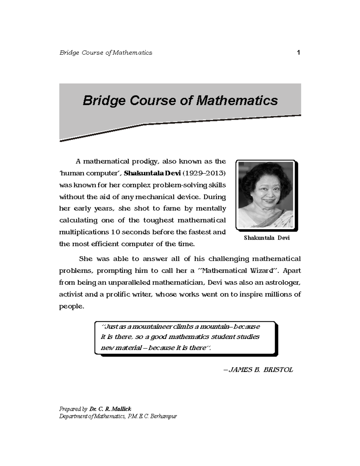 Bridge course math - cours math - Prepared by Dr. C. R. Mallick A ...