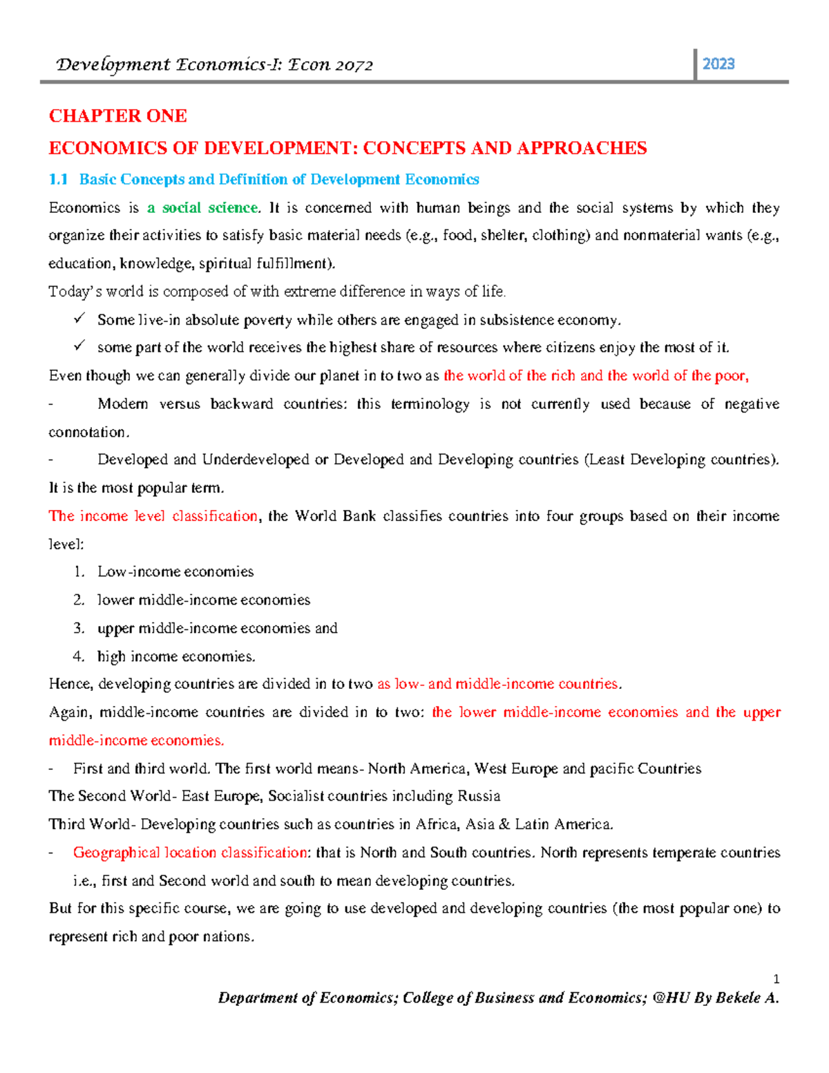 Develpmt.I Chapter 1&2 112153 - 1 CHAPTER ONE ECONOMICS OF DEVELOPMENT ...