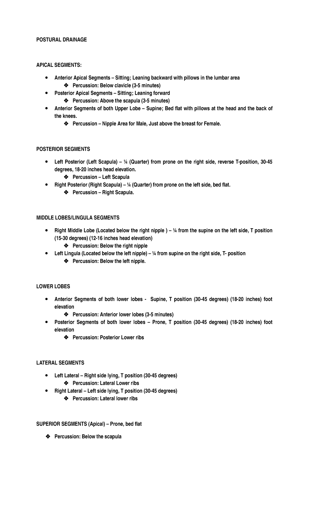 Postural Drainage and Lung Segments - POSTURAL DRAINAGE APICAL SEGMENTS ...